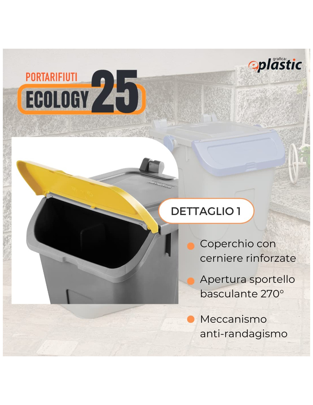 Set 4 bidoni 25 litri per raccolta differenziata - fondo grigio e ...